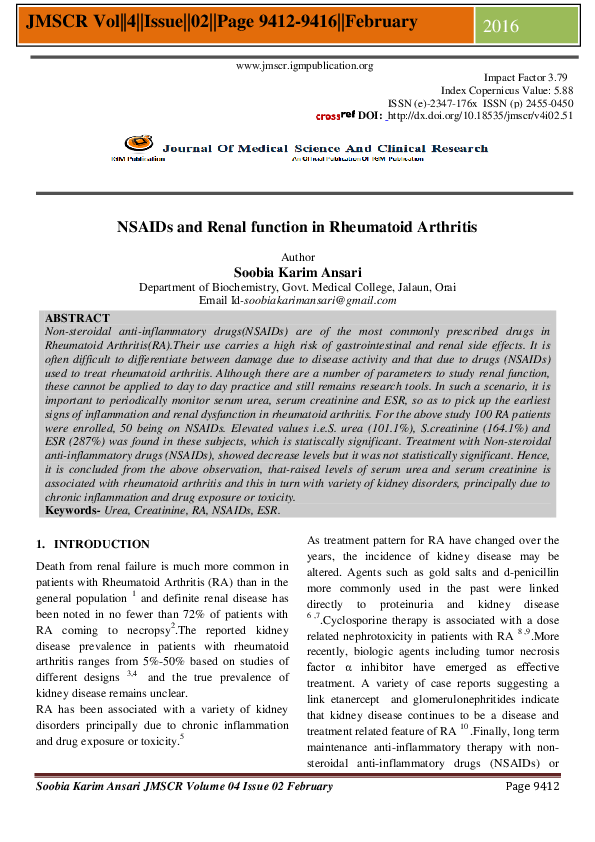 (PDF) NSAIDs and Renal function in Rheumatoid Arthritis