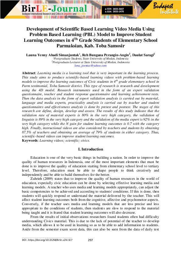 (PDF) Development of Scientific Based Learning Video Media Using Problem Based Learning (PBL ...