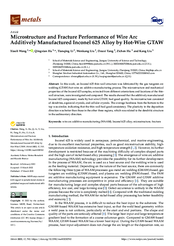 (PDF) Microstructure and Fracture Performance of Wire Arc Additively Manufactured Inconel 625 ...