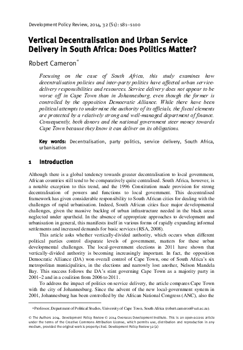 (PDF) Vertical Decentralisation and Urban Service Delivery in South ...