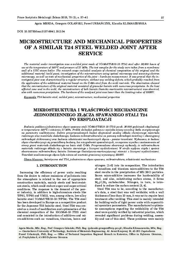 (PDF) Microstructure and Mechanical Properties of a Similar T24 Steel Welded Joint After Service
