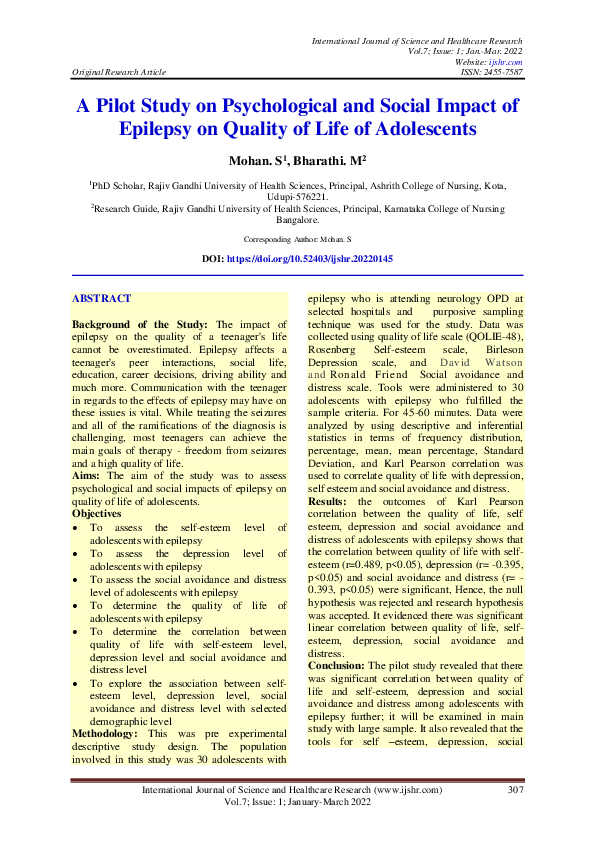 (PDF) A Pilot Study on Psychological and Social Impact of Epilepsy on ...