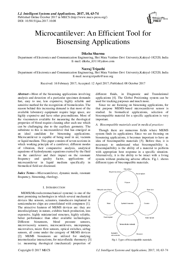 (PDF) Microcantilever: An Efficient Tool for Biosensing Applications