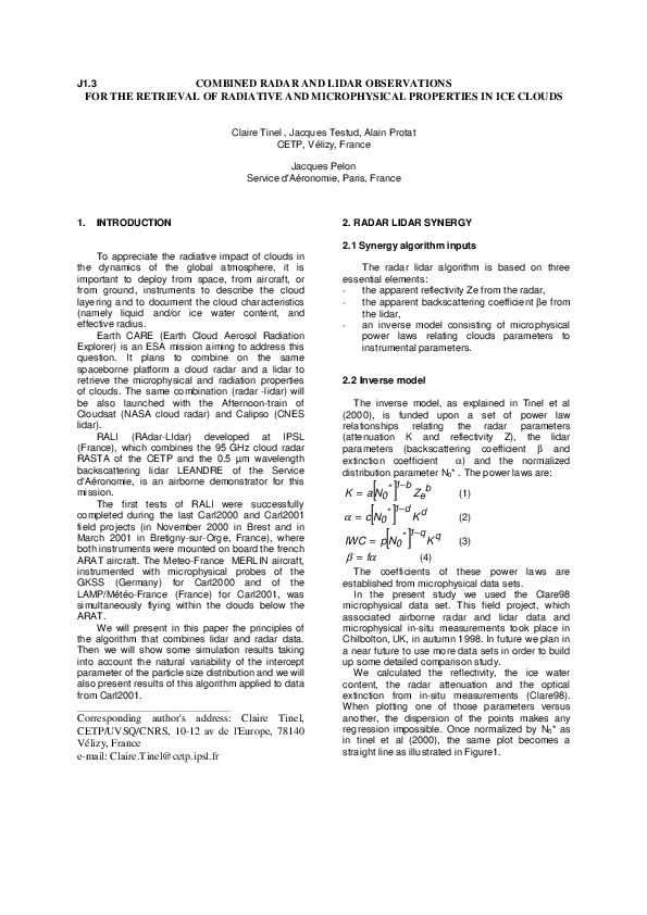 (PDF) Combined Radar and Lidar Observations for the Retrieval of Radiative and Microphysical ...