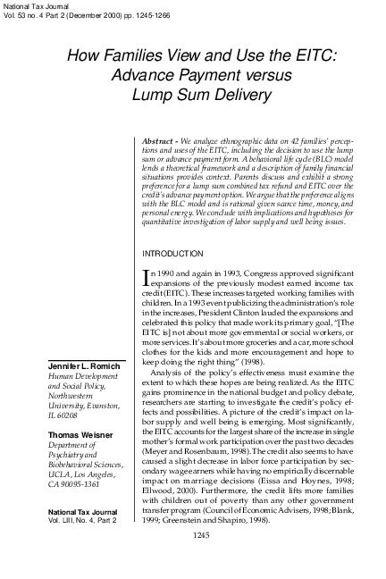 (PDF) How Families View and Use the EITC: Advance Payment versus Lump ...