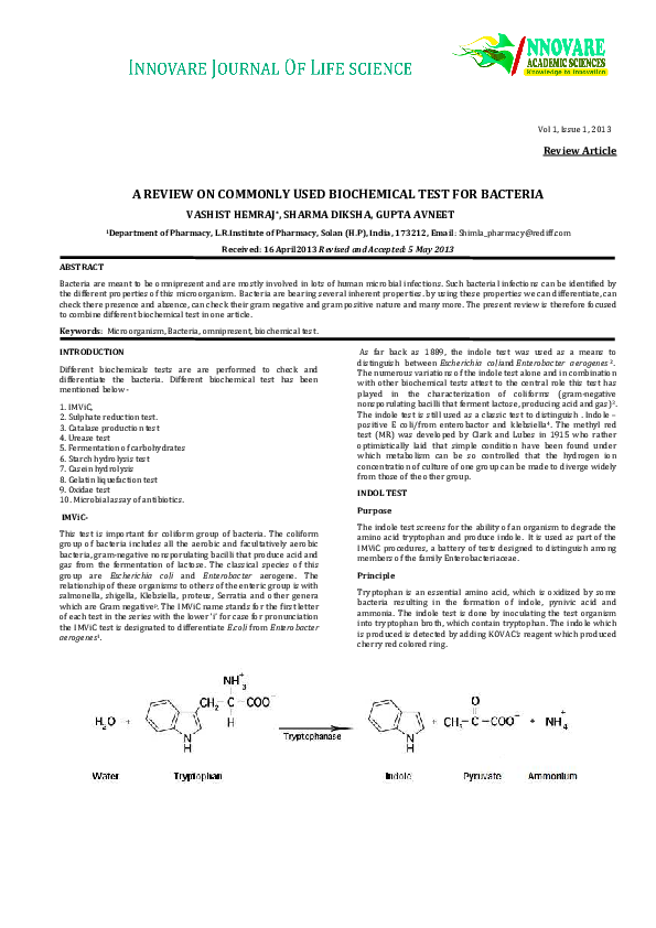 (PDF) A Review on Commonly Used Biochemical Test for Bacteria