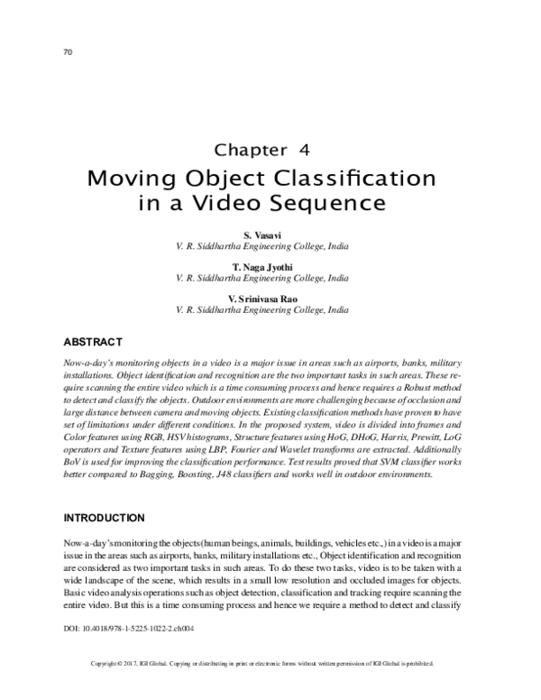 (PDF) Moving object classification in a video sequence