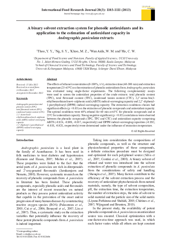 Pdf A Binary Solvent Extraction System For Phenolic Antioxidants And