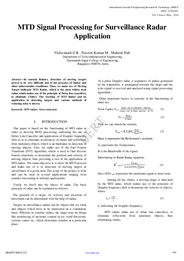 (PDF) MTD Signal Processing for Surveillance Radar Application