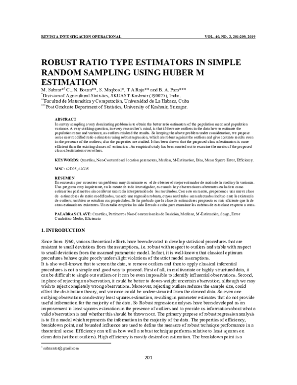 (PDF) Robust Ratio Type Estimators in Simple Random Sampling Using Huber M Estimation