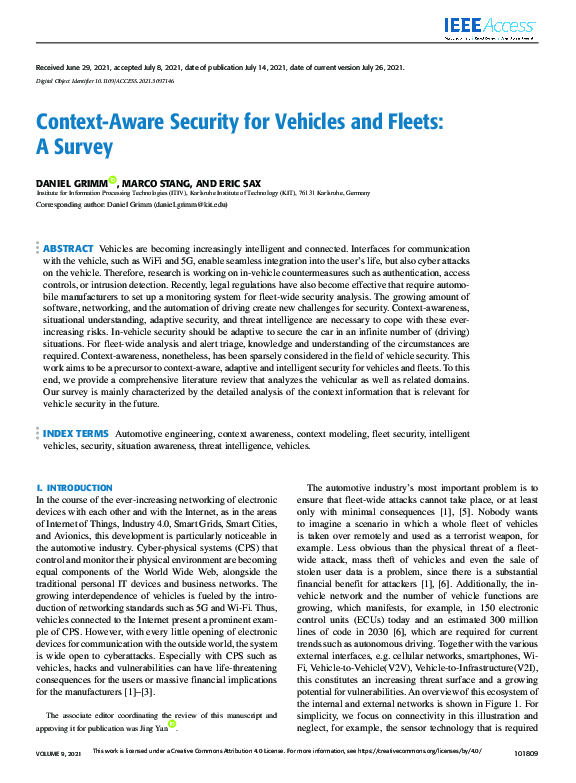 (PDF) Context-Aware Security for Vehicles and Fleets: A Survey