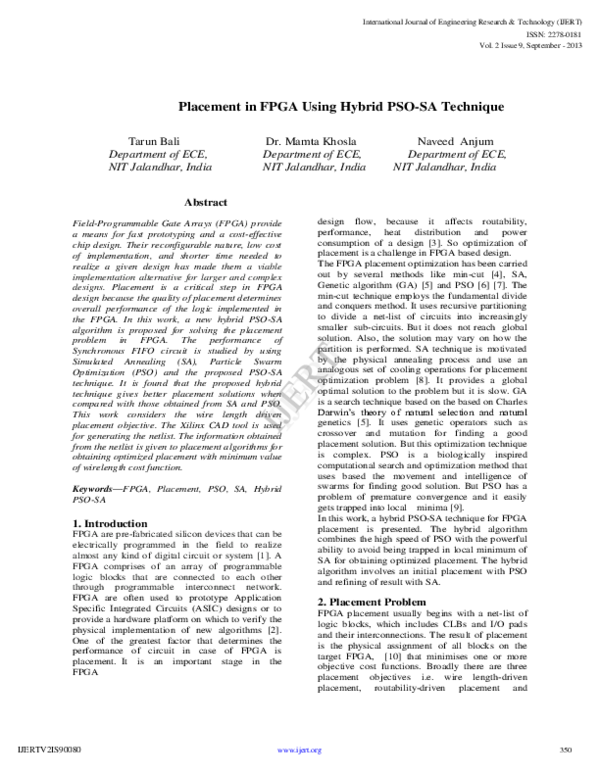 Pdf Placement In Fpga Using Hybrid Pso Sa Technique