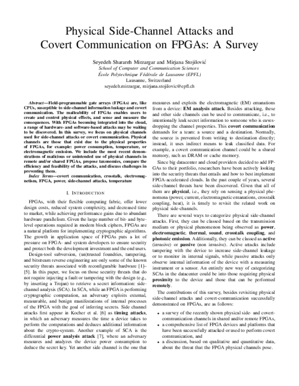 (PDF) Physical Side-Channel Attacks and Covert Communication on FPGAs: A Survey