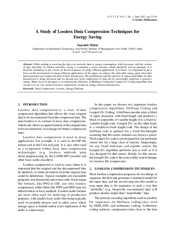 (PDF) A Study of Lossless Data Compression Techniques for Energy Saving
