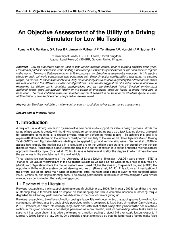 (PDF) An objective assessment of the utility of a driving simulator for ...