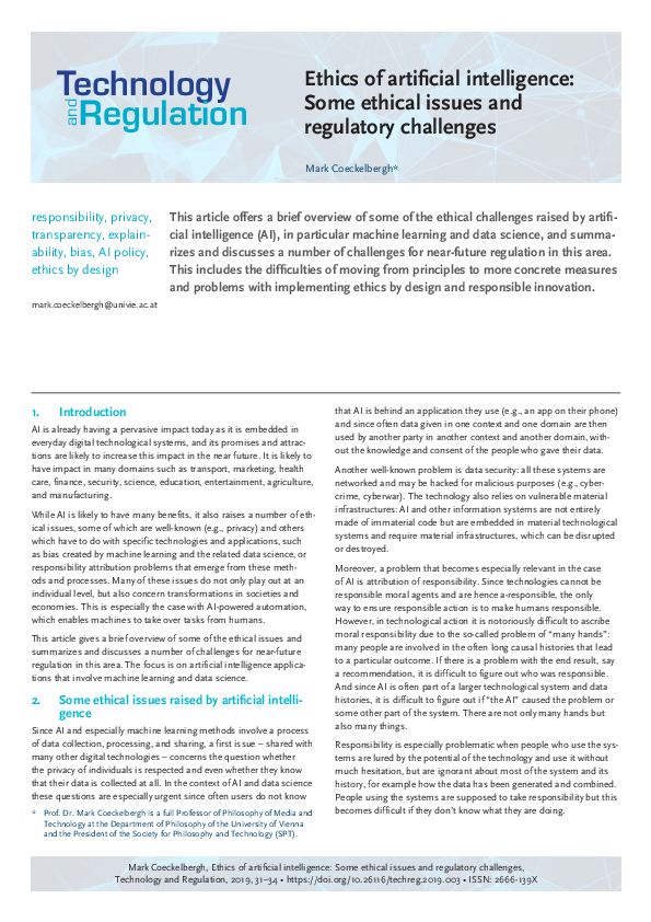 (PDF) Artificial Intelligence: Some ethical issues and regulatory ...