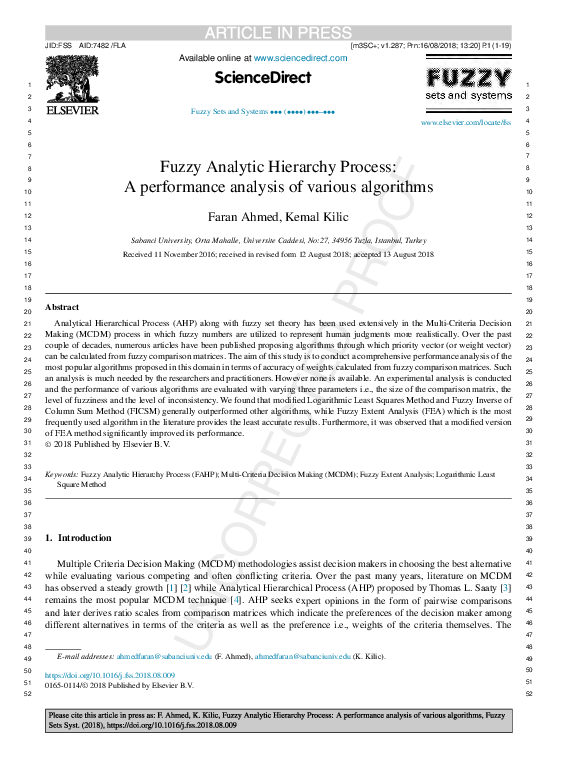 Pdf Fuzzy Analytic Hierarchy Process A Performance Analysis Of Various Algorithms