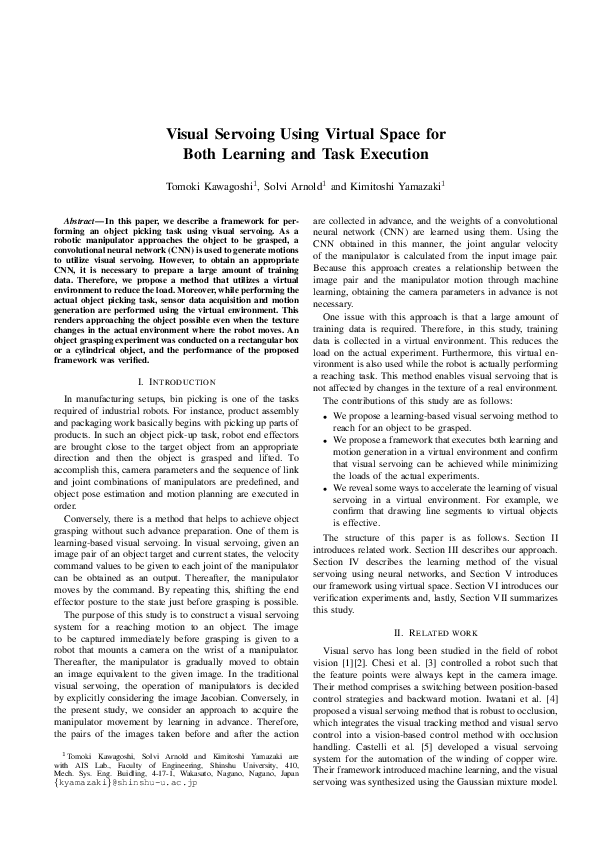 Pdf Visual Servoing Using Virtual Space For Both Learning And Task