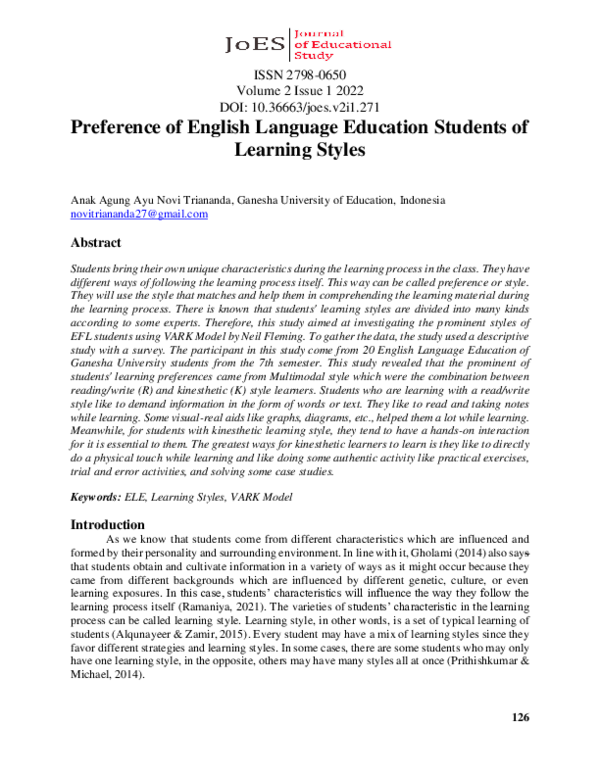 (PDF) Preference of English Language Education Students of Learning Styles