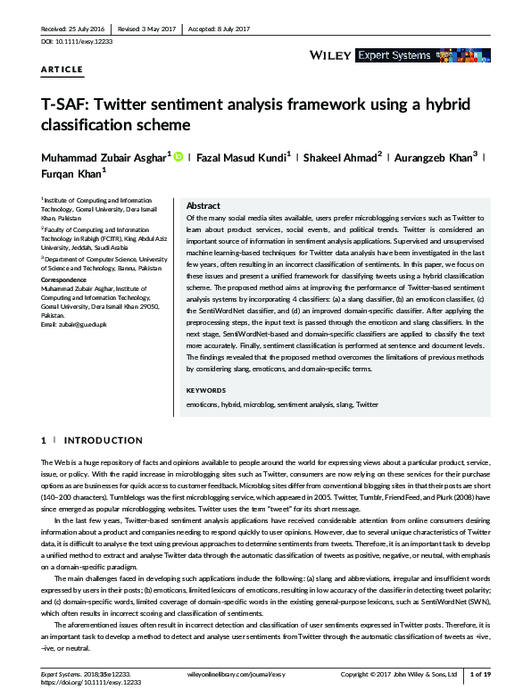 Pdf T Saf Twitter Sentiment Analysis Framework Using A Hybrid Classification Scheme