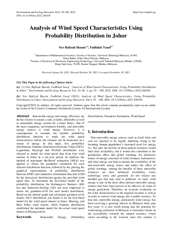 (PDF) Analysis of Wind Speed Characteristics Using Probability ...