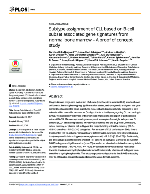 Pdf Subtype Assignment Of Cll Based On B Cell Subset Associated Gene