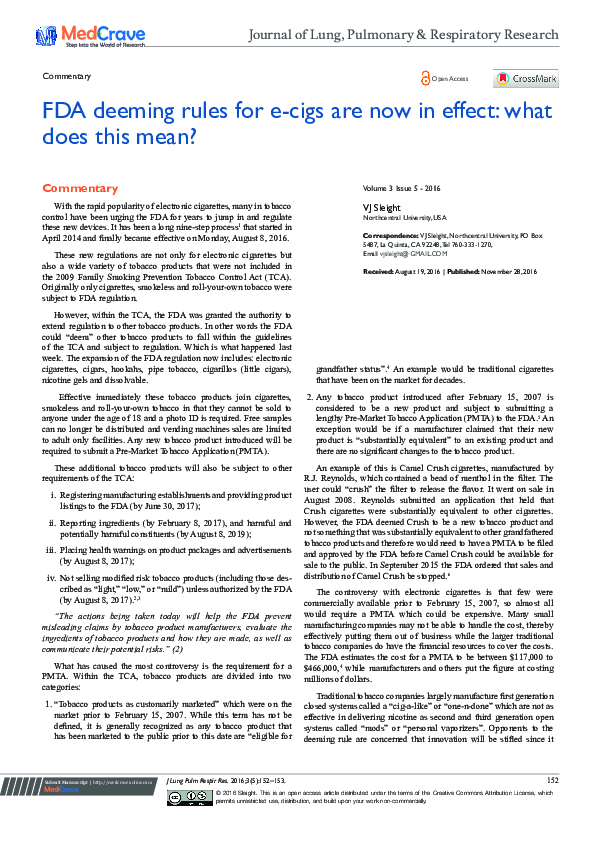 (PDF) FDA Deeming Rules for e-cigs are now in Effect: What does this Mean?