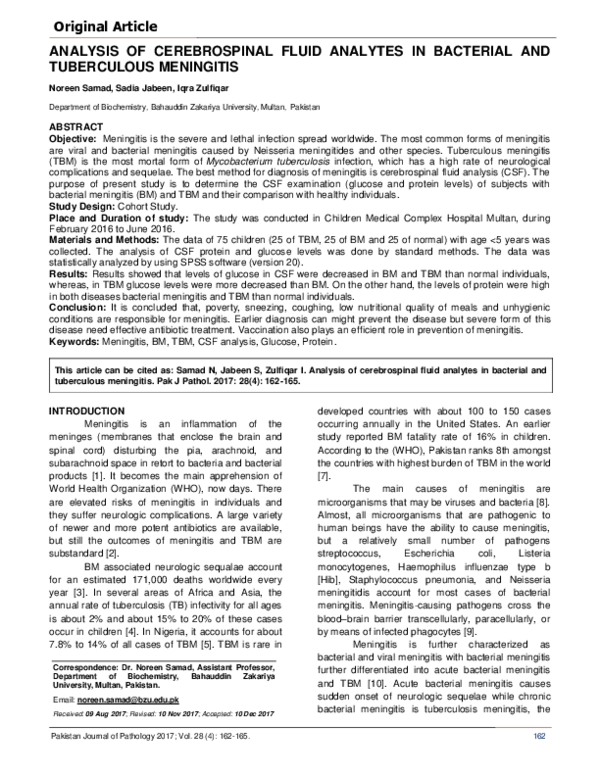(PDF) Analysis of Cerebrospinal Fluid Analytes in Bacterial and ...