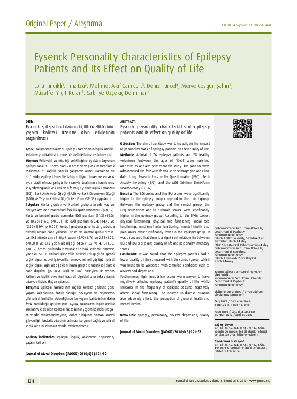 (PDF) Eysenck Personality Characteristics of Epilepsy Patients and Its ...