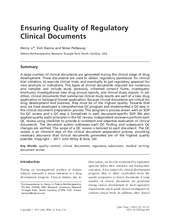 (PDF) Ensuring Quality of Regulatory Clinical Documents