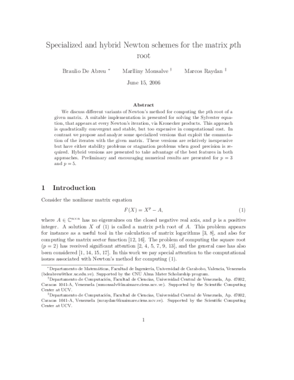 (PDF) Specialized and hybrid Newton schemes for the matrix pth root | Marcos Raydan - Academia.edu
