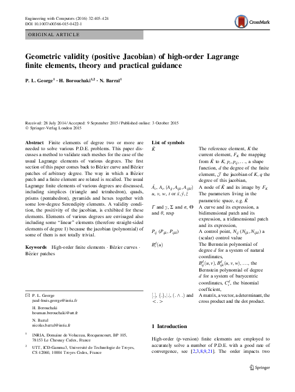 (PDF) Geometric validity (positive jacobian) of high-order Lagrange finite elements, theory and ...