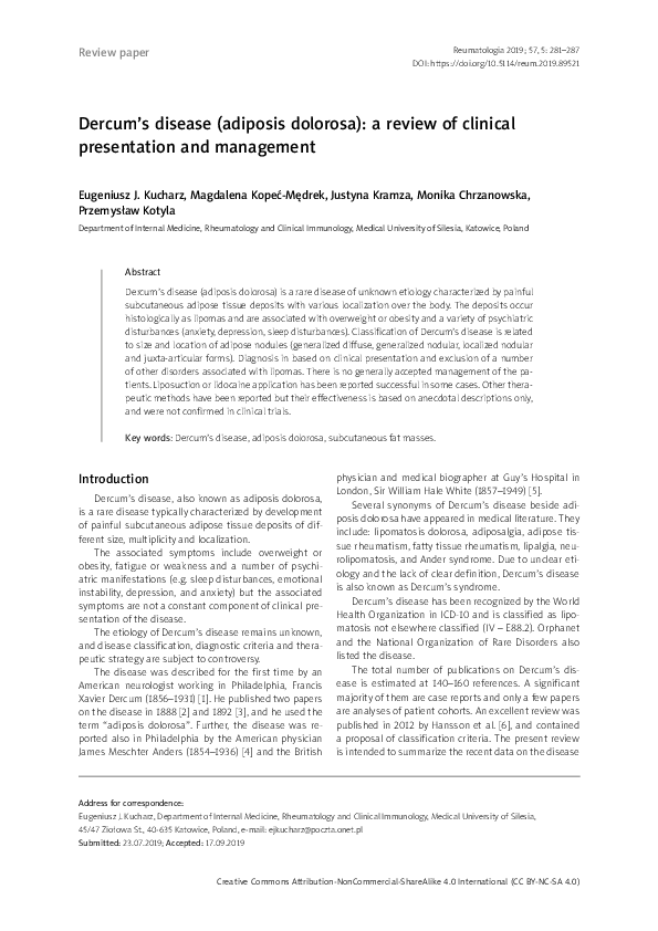 (PDF) Dercum’s disease (adiposis dolorosa): a review of clinical ...