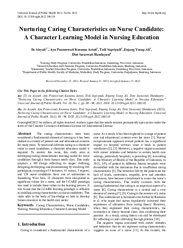 (PDF) Nurturing Caring Characteristics on Nurse Candidate: A Character ...