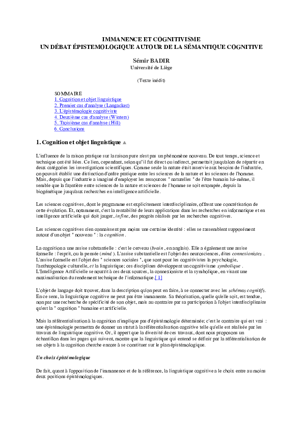 (PDF) Cognitivisme et immanence. Un débat épistémologique autour de la ...