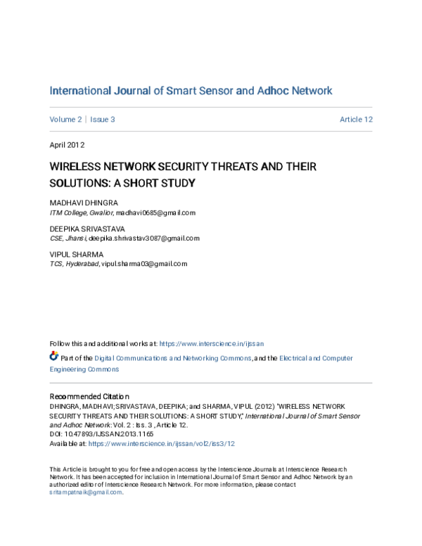 (PDF) Wireless Network Security Threats and Their Solutions: A Short Study