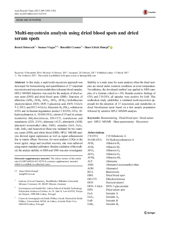 (PDF) Multi-mycotoxin analysis using dried blood spots and dried serum spots
