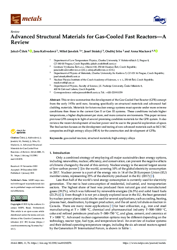 (PDF) Advanced Structural Materials for Gas-Cooled Fast Reactors—A Review