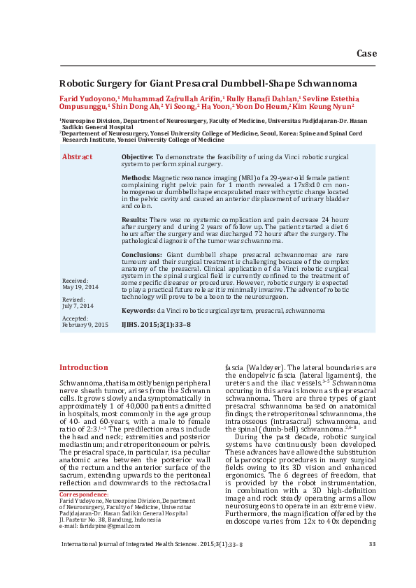(PDF) Robotic Surgery for Giant Presacral Dumbbell-Shape Schwannoma