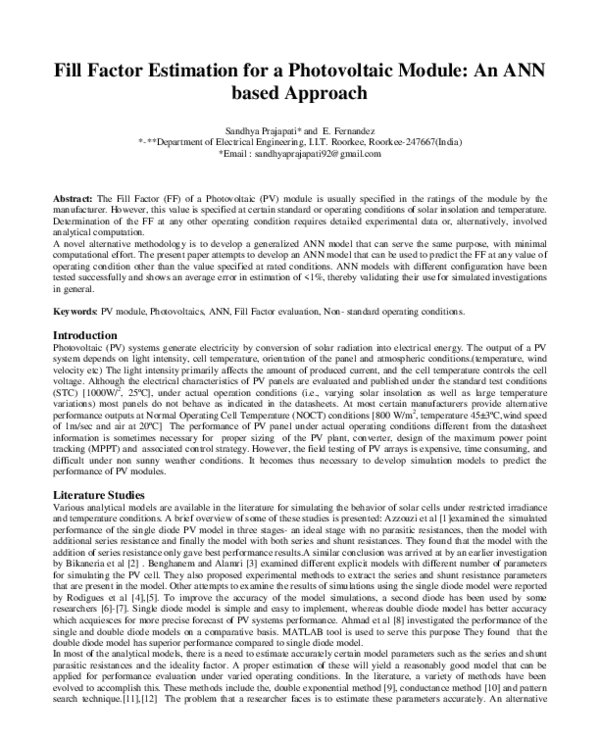 (PDF) Fill Factor Estimation for a Photovoltaic Module: An ANN based ...
