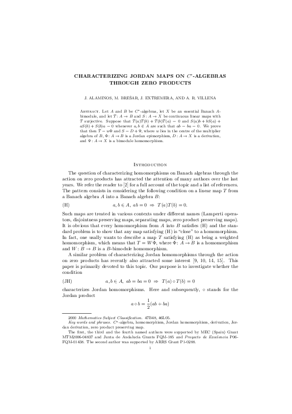 (PDF) Characterizing Jordan maps on C*-algebras through zero products