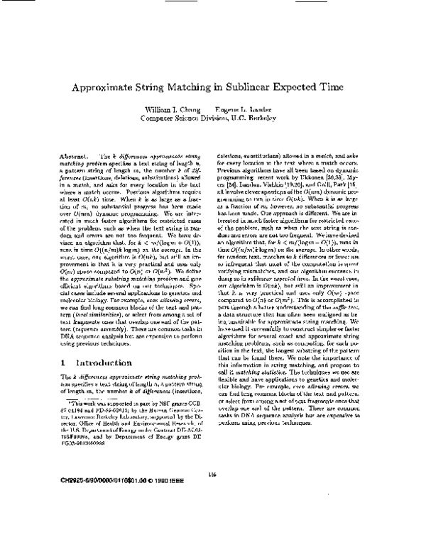 (PDF) Approximate string matching in sublinear expected time