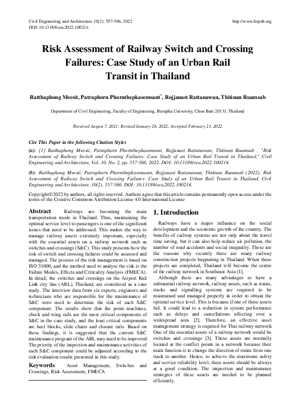 (PDF) Risk Assessment of Railway Switch and Crossing Failures: Case ...