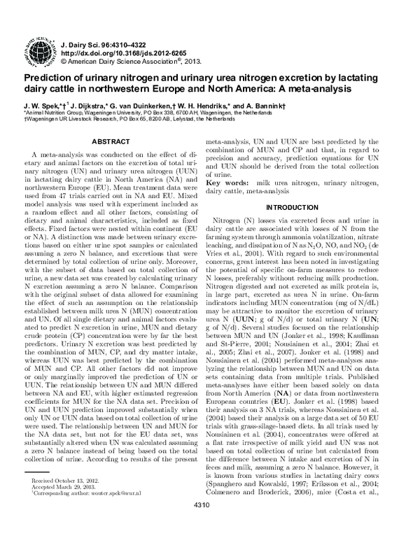 (PDF) Prediction of urinary nitrogen and urinary urea nitrogen ...
