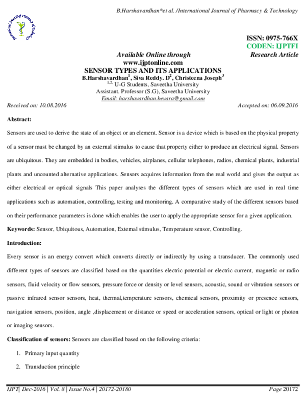 (PDF) Sensor Types and Its Applications