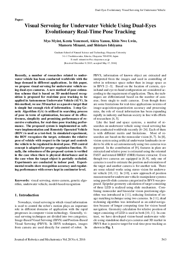 (PDF) Visual Servoing for Underwater Vehicle Using Dual-Eyes Evolutionary Real-Time Pose Tracking