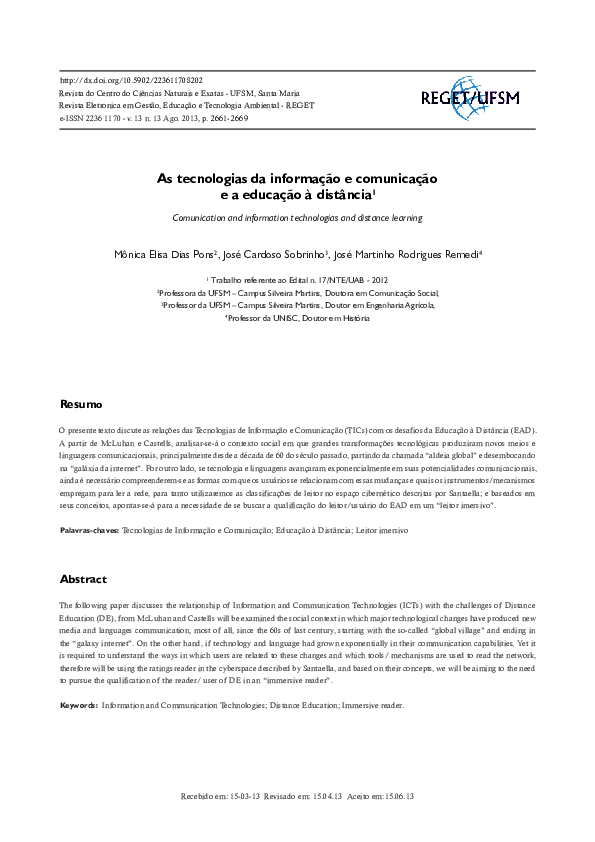 (PDF) As Tecnologias Da Informação e Comunicação e a Educação À Distância