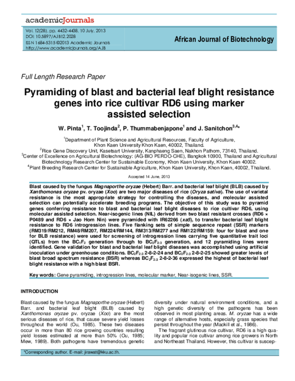 (PDF) Pyramiding of blast and bacterial leaf blight resistance genes ...