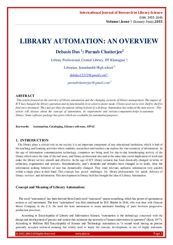 (PDF) Library Automation: An Overview