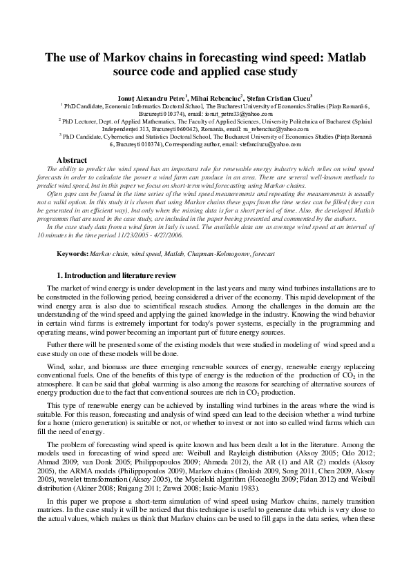 (PDF) The use of Markov chains in forecasting wind speed: Matlab source code and applied case study